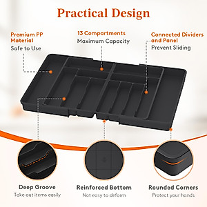 Lifewit Large Silverware Drawer Organizer, Expandable to 36 Inches Wide, BPA Free Plastic Utensil Tray for Kitchen, Adjustable Flatware and Cutlery Holder for Spoons Forks Knives, Black