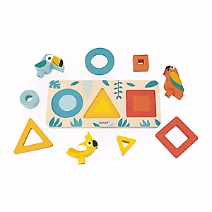 Janod - Tropik My First Shapes - Wooden Early-Learning Toy - Educational Toy: Shapes and Colors - 9 Slot-in Shapes - Water-Based Paint - 1 Year + J08266