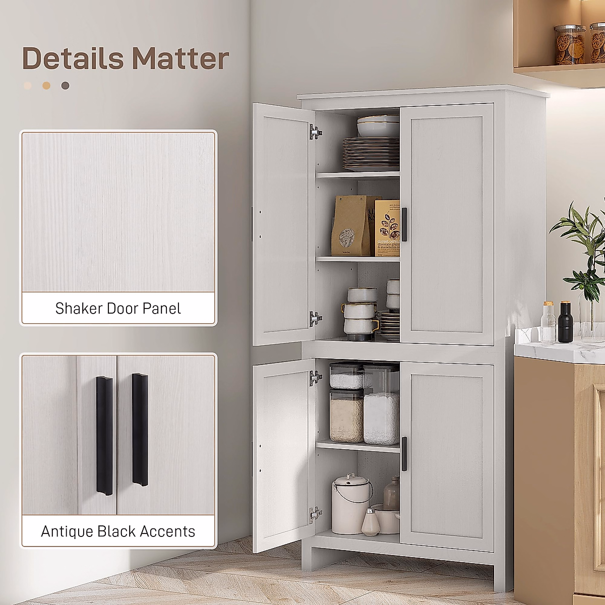 HOMCOM 64" Kitchen Pantry Cabinet, Freestanding Storage Cabinet with 4 Doors and 3 Adjustable Shelves for Dining Room, White