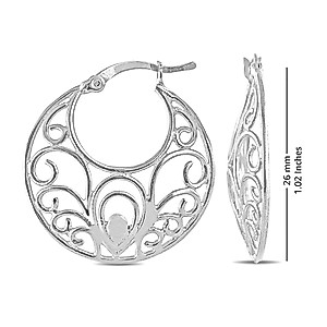 Charmsy 25 Sterling Silver Filigree Hoop Earrings for Women | Lightweight Click-Top Filigree Cut-out Dangle Earrings | Size 26mm