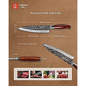 YARENH Chef Knife 8 Inch with Wood Sheath, Japanese Damascus High Carbon Stainless Steel, Full Tang Sandalwood Handle, Professional Kitchen Knife