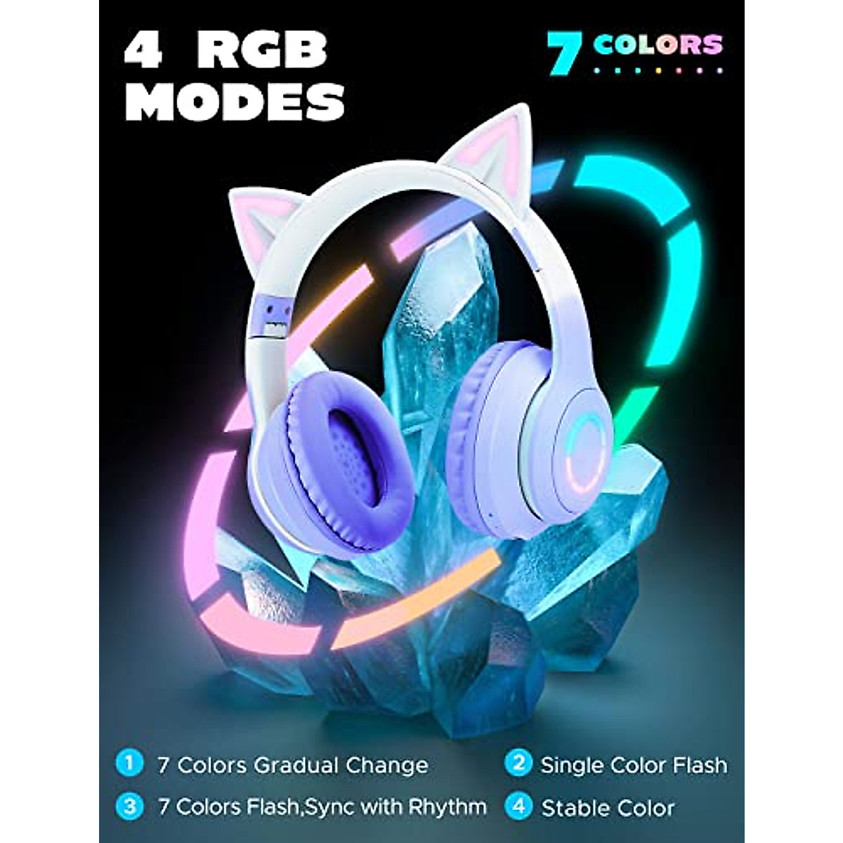 QearFun Car Ear Bluetooth Headphones Foldable, 7 Colors Led Light Up Kids Adults Girls Over Ear Wireless Headphones with Built-in Mic & 3.5mm Jack, Cat Gaming Headset for iPad/Tablet/PS4/PS5 Purple