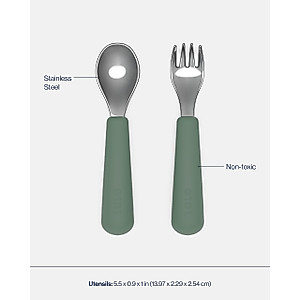 Lalo Big Bites Kids Dinnerware Starter Set - Dishwasher Safe, BPA Free, Kids Tableware Set - Includes Stackable Bowl, Plate, Utensils & Cup - 5 Pieces - Olive