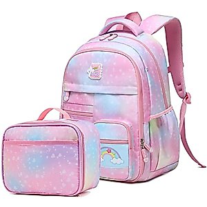 Wraifa Backpack for Girls, Rainbow Bookbag Elementary School Bag Princess Girl Backpacks Mochilas Para Niñas (Lunch Bag Set Heart Pink)