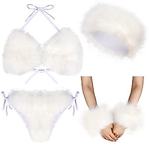 Ramede 4 Pcs Women's Faux Fur Bikini Bra Top Fur Headband Wrist Cuffs Bikini Panties Set Furry Suits for Women Swimsuits(White)
