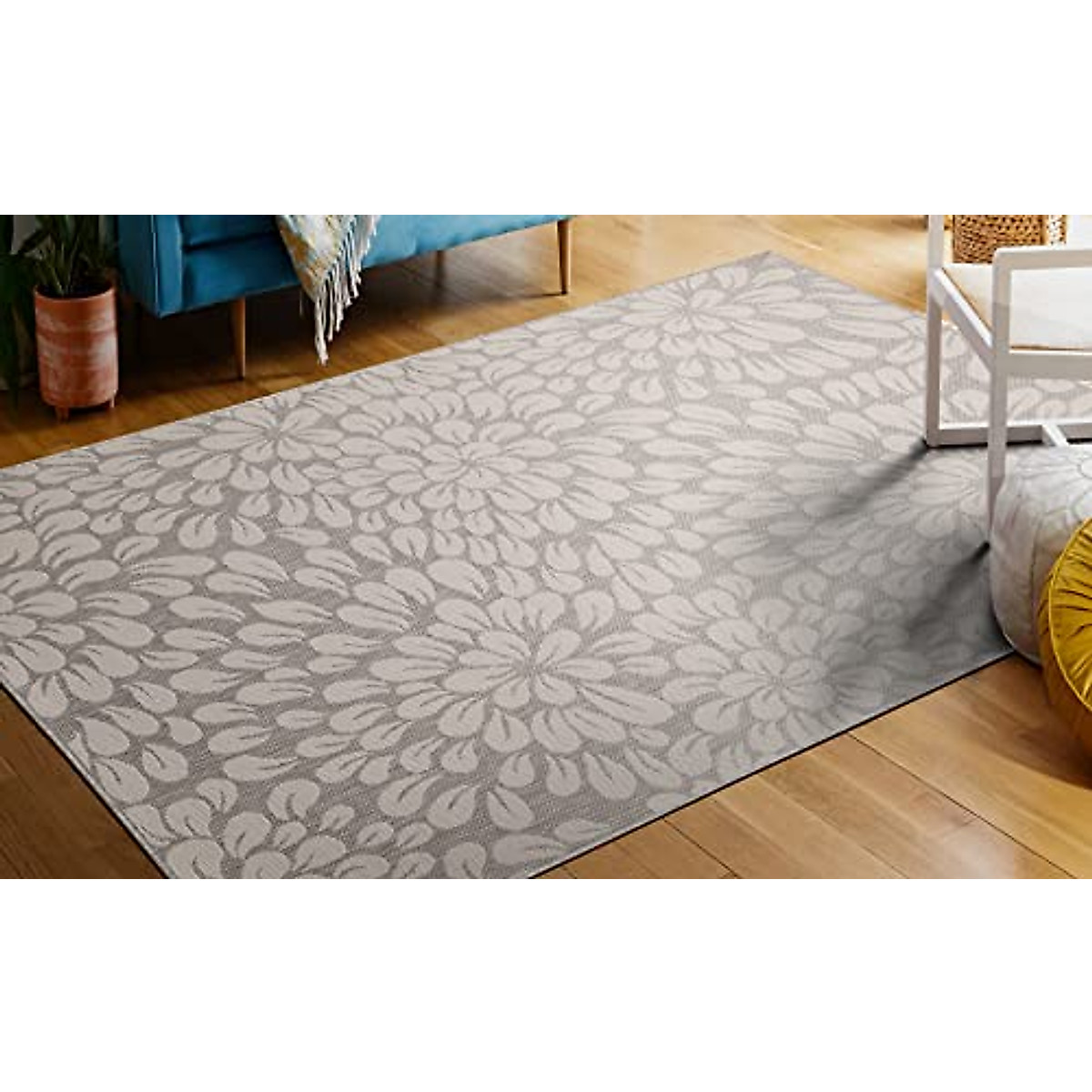 Sherloom Modern Bohemian Floral Indoor Outdoor Area Rug Weather Resistant Outdoor Carpet for Porch Deck Balcony Backyard Patio Rug 5x8 Gray