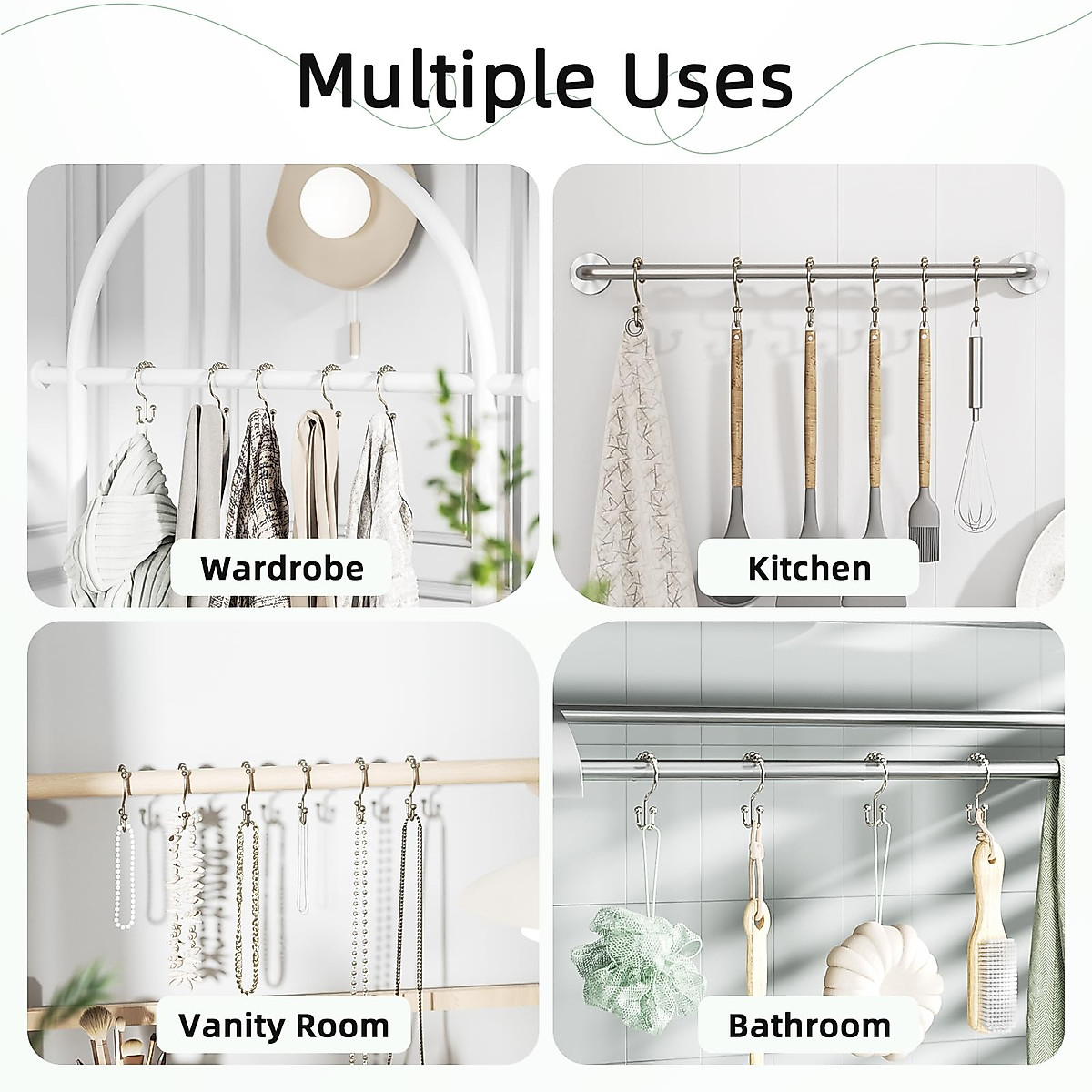 Amazer Shower Curtain Rings, Rust-Resistant Metal Double Shower Hooks for Curtain Rolling Shower Curtain Hooks Rings Shower Rings for Bathroom Shower Curtain Rod , Nickel, Set of 12 Rings