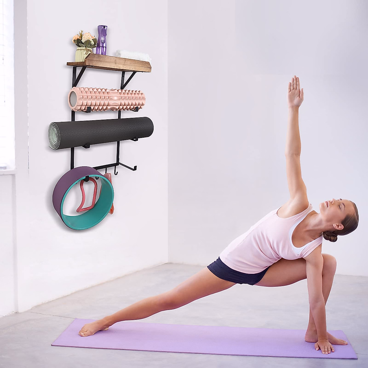 DOCMON Yoga Mat Holder Wall Mount,17" x 28" Yoga Mat Rack Home Gym Accessories, Storage for Foam Roller, with Wood Floating Shelves and 5 Hooks for Hanging Yoga Strap and Resistance Bands