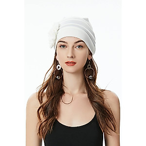 ZLYC Women Turban Beanie Hat with Flower Chemo Headwear Elastic Head Wrap Cap (Floral White)