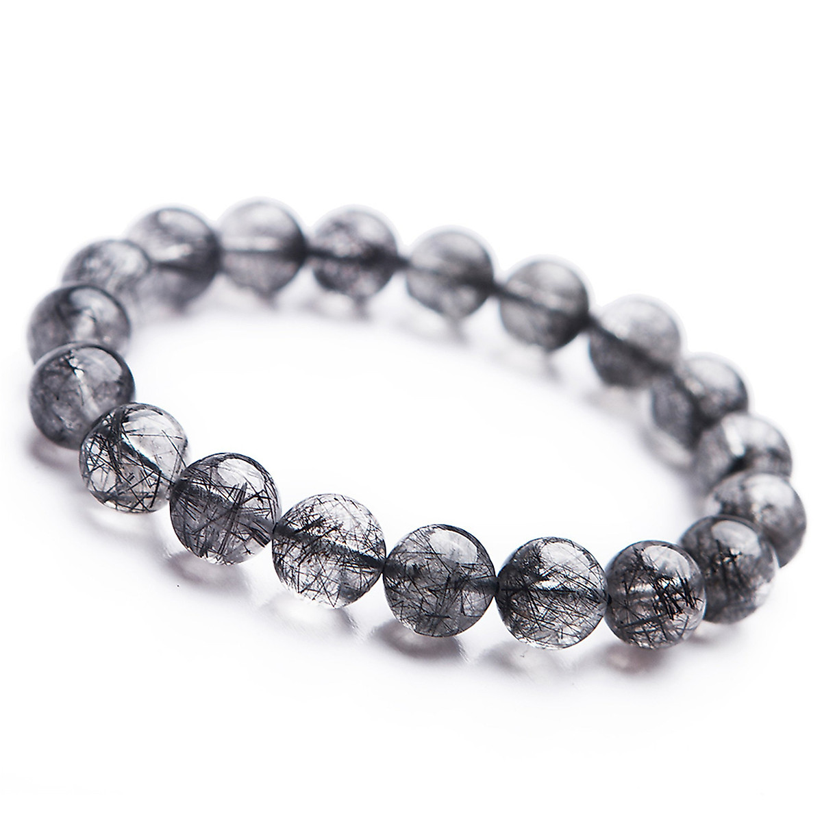 LiZiFang Brazil Natural Black Rutilated Quartz Crystal Round Bead Bracelet 10mm