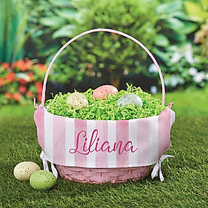 Personalized Easter Egg Basket with Handle and Custom Name | Pink Striped Easter Basket Liners | Pink Basket | Woven Easter Baskets for Kids | Customized Easter Basket | Personalized Gifts for Easter