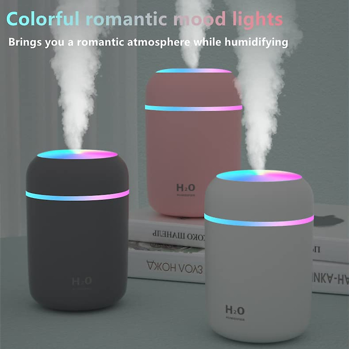 Colorful Cool Humidifier USB-Only 300ml Portable with 7 Colors 2 Fog Mode Ultra Quiet Suitable for Home Car Bedroom Office and Travel (Gray)