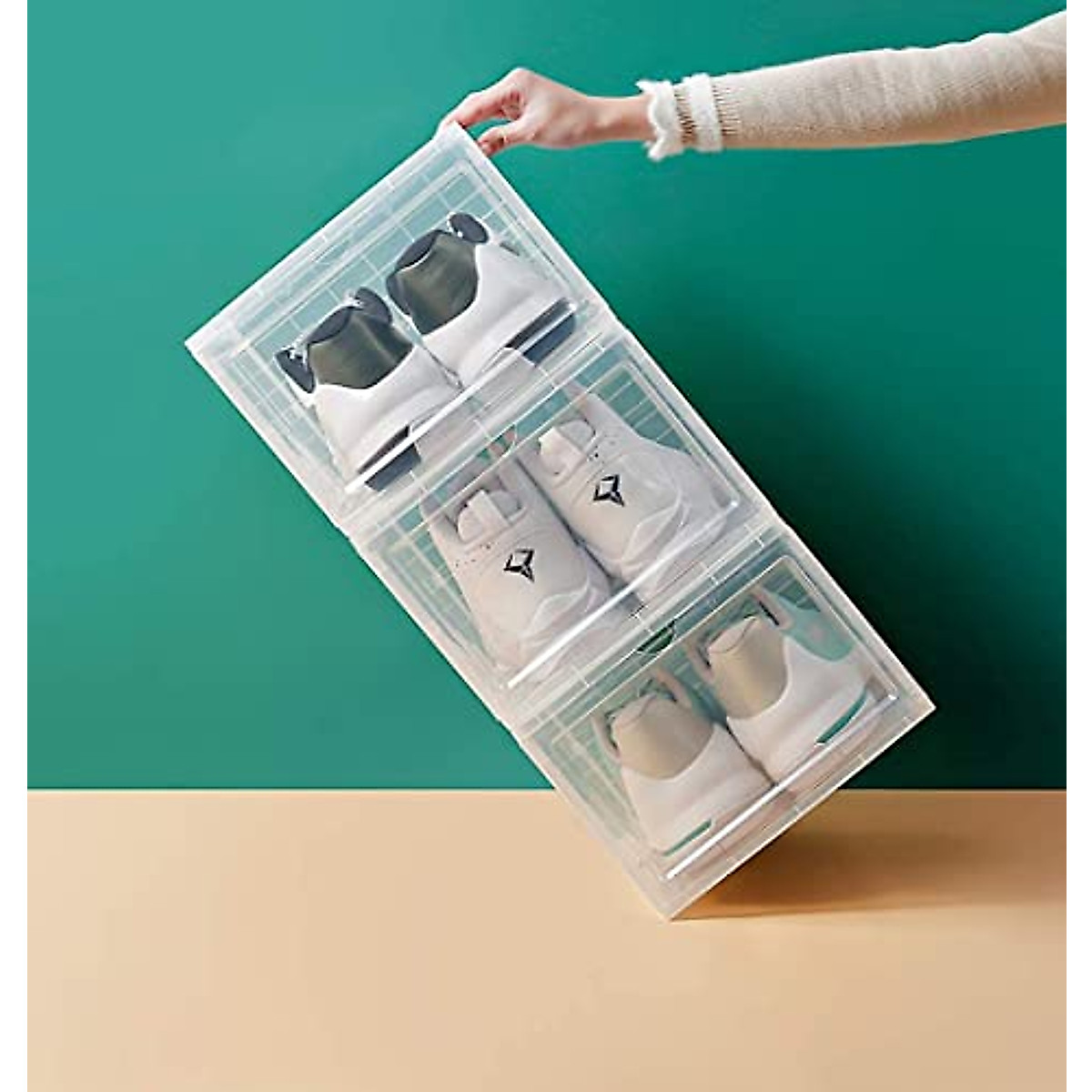 6pack Clear Shoes Box, Plastic Storage Bins Shoe Display Organizer Stackable Case Multi Space Saving Containers For Closet, Entryway, Drop Front, Cubby, Sneaker Foldable Organization Boxes With Lids