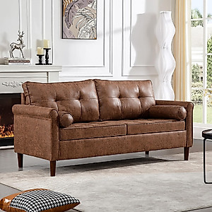 GEEVIVO Loveseat Sofa, Mid-Century Modern Small Couch, PU Leather Comfy Love Seat Sofa, Upholstered Mini Sofa with Back Cushions Rolled Armrest for Living Room, Bedroom, Office Apartment, Small Space