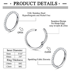 Jstyle 5Pcs 16G Surgical Steel Nose Rings Hoop for Women Opal CZ Clicker Hinged Septum Nose Ring Lip Helix Cartilage Hoop Earring Daith Rook Conch Nose Piercing Jewelry for Women 8mm 18G