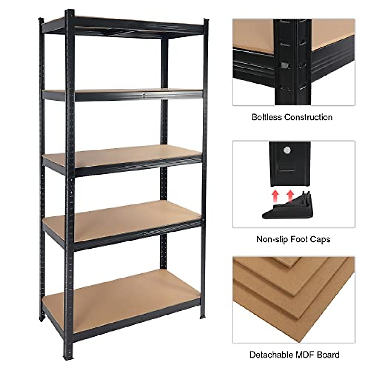 ALBOMI 35" W x 18" D x 71" H Adjustable Metal Garage Shelving Unit, 5-Tier Heavy Duty Garage Storage Shelves with Board, Multipurpose Storage Shelves Rack for Garage Basement Warehouse Office, Black