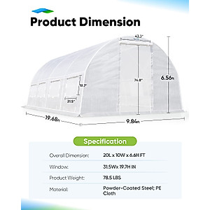 Quictent 20x10x6.6 FT Large Walk-in Greenhouse for Outdoors, Heavy Duty Gardening High Tunnel Green House, Protable Winter Hot House with PE Cover 2 Zipper Screen Doors & 8 Screen Windows, White