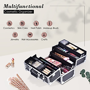 FRENESSA Makeup Train Case Large Cosmetic Box 6 Tier Trays with Compartments Professional Makeup Box Jewelry Storage Organizer Case Adjustable Bottom with Shoulder Strap - Black