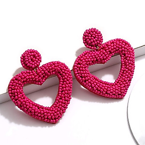 XOCARTIGE Valentine's Day Earrings for Women Beaded Heart Earrings Handmade Bead LOVE XOXO Earring Drop Dangle Earrings Valentine's Day Jewelry Accessories Outfits Gifts (A-Rose Red)