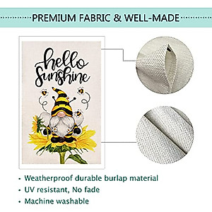 Baccessor Spring Summer Hello Sunshine Sunflower Garden Flag Double Sided, Sunflower Gnome Bees Funny Gnome Farmhouse Yard Flag Seasonal Holiday Outdoor Outside Decoration 12.5x18 Inch