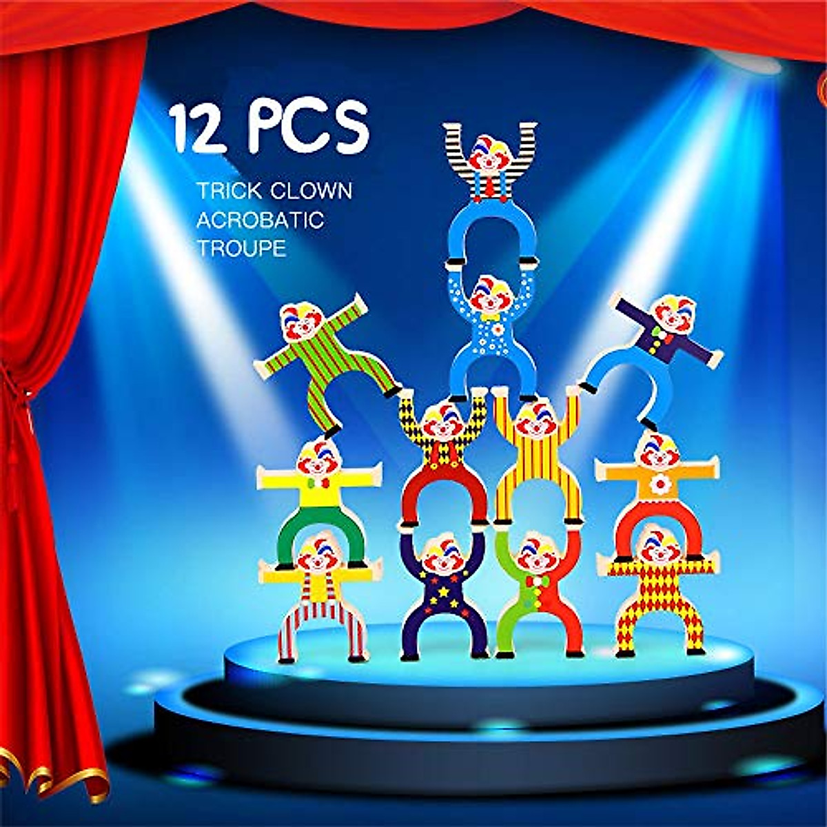 Xylolin Wooden Circus Clowns Stacking Toys, Jester Balance Blocks Game for Kids, Toddler Wood Toy Stacking and Balancing Blocks Set