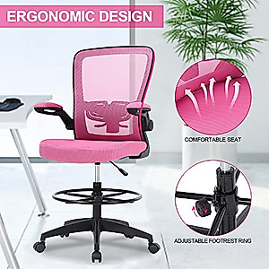 Drafting Chair Tall Office Chair Mid-Back Mesh Ergonomic Computer Chair High Adjustable Standing Desk Chair with Lumbar Support Adjustable Foot Ring and Flip-Up Arms (Pink)