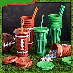 Uiifan 12 Pcs Football Cups with Lid and Straw Football Party Favors Plastic Tumbler Reusable Football Cups for Football Birthday Sport Party Decoration(24oz)
