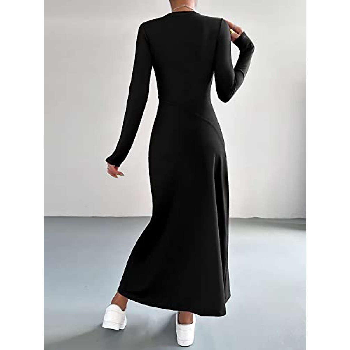 Verdusa Women's Casual Long Sleeve Round Neck Solid A Line Long Maxi Dress Black XS