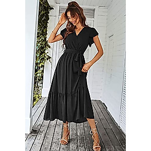 PRETTYGARDEN Women's 2023 Floral Boho Dress Wrap V Neck Short Sleeve Belted Ruffle Hem A-Line Flowy Maxi Dresses (Solid Black,Large)