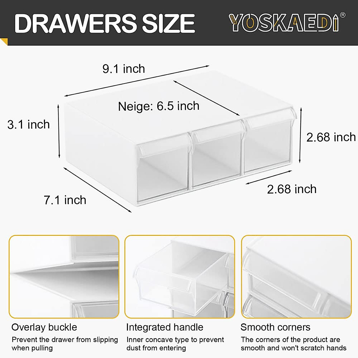 YOSKAEDI Under Desk Drawer Storage with 3 Drawers, Large Desk Drawer Attachment for office, Drawer Organizer Slide Out, Plastic Stick on Drawer White