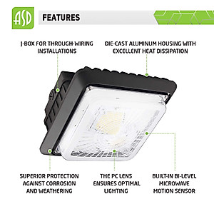 ASD Bronze LED Canopy Light with Motion Sensor 55W 7305Lm 4000K Dimmable IP65 Outdoor Ceiling Lights with J-Box - Carport Light Fixture - Gas Station and Garage Light - LED Parking Lot Light UL & DLC