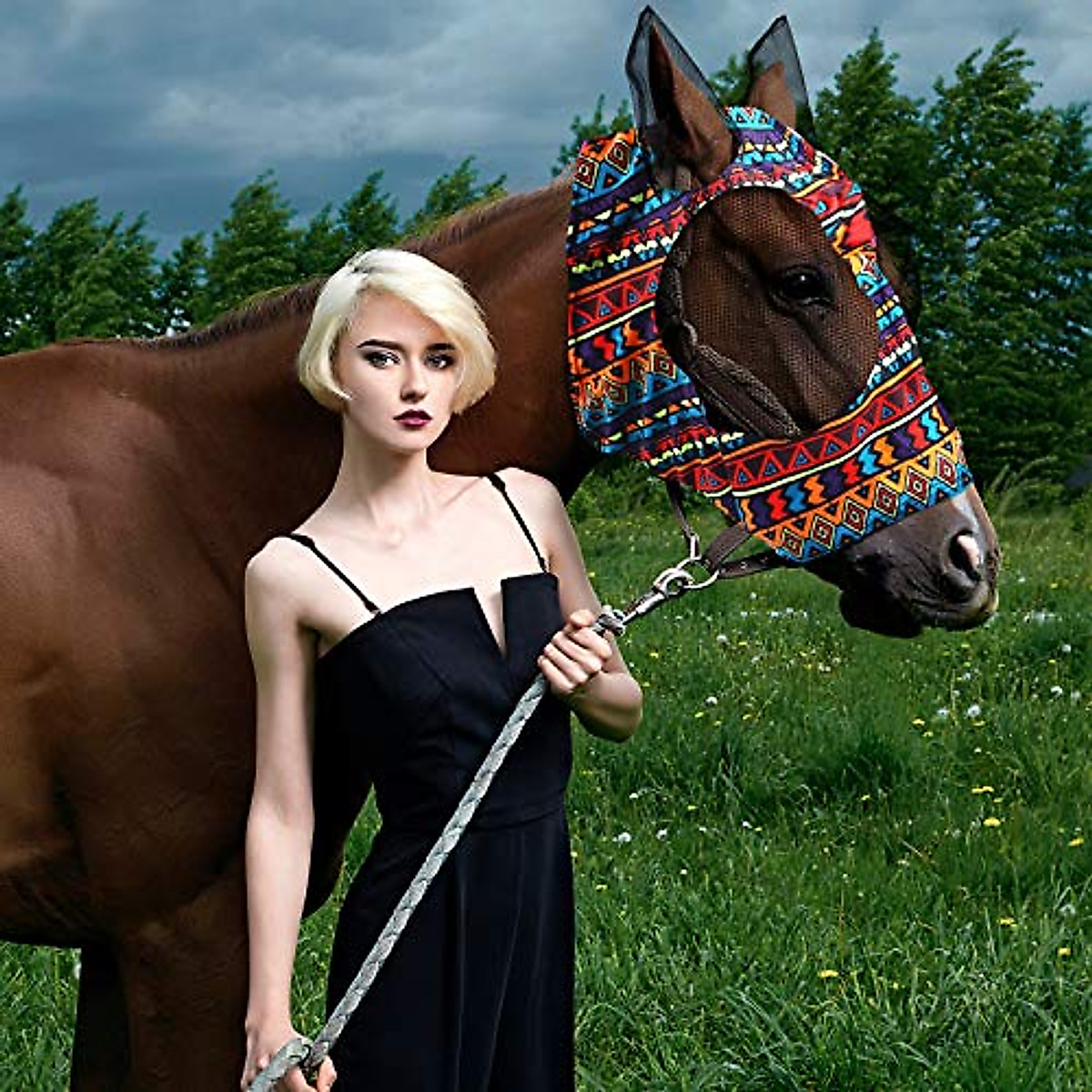 2 Pieces Horse Fly Mask Horse Mask with Ears Smooth and Elasticity Fly Mask with UV Protection (Tribal Grid Patterns, L)