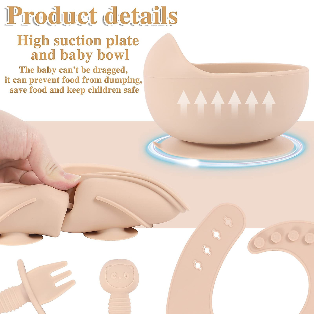 Pimoys 6 Pack Silicone Baby Feeding Set Baby Led Weaning Supplies Suction Bowl Plate Bib Tiny Cup Toddler Dishes with Fork & Spoon, Baby Eating Utensils Microwave & Dishwasher Safe