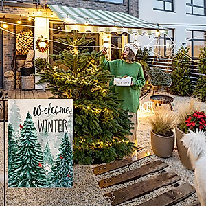 Welcome Winter Pines Tree Garden Flag Double Sided Cardinal Red Bird Christmas Garden Flag for Outside Xmas Farmhouse Seasonal Outdoor Flag