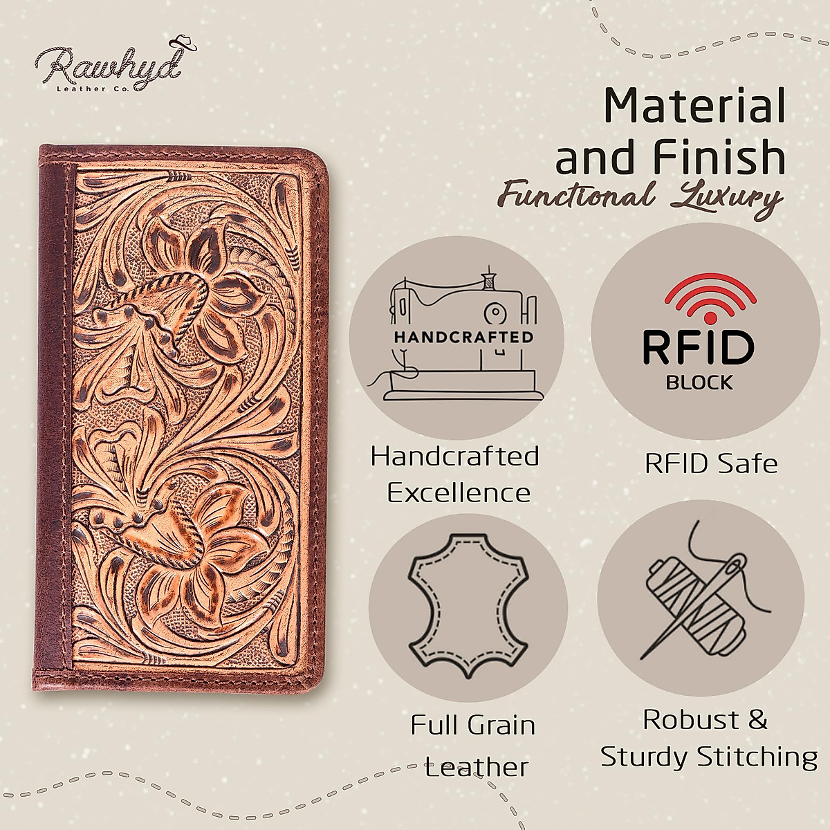 Mens Tooled Leather Wallet – RFID-Blocking Long Wallets for Men - Full Grain Leather Cowboy Wallets for Men – Floral Tooled Mens Western Wallets w/ Credit Card Sleeves - Country Western Gifts for Men