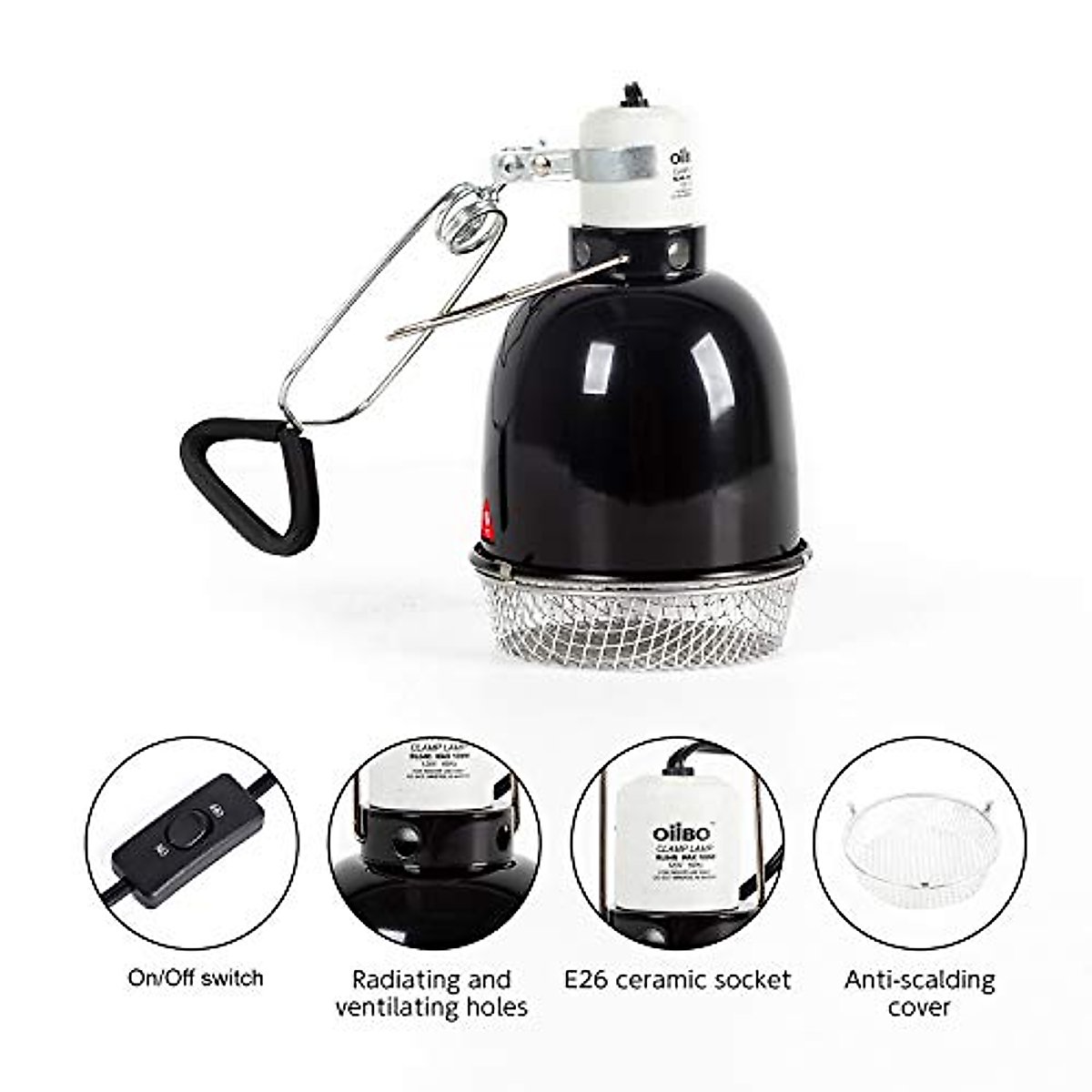 OIIBO Clamp Lamp Fixture 5.5 Inch Deep Dome Reptile Light Fixture, Reptile Heat Lamp Fixture for Heat Lights UVA UVB Reptile Light with Anti-Scaling Cover and Spring Clip, Max 100W Supported