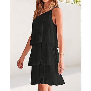 ZESICA Women's Boho Summer One Shoulder Sleeveless Ruffle Tiered Layered Chiffon Pleated A Line Flowy Mini Dress,Black,Medium