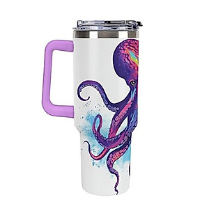 LLUTSNTH 40 Oz Vacuum Tumbler with Violet Handle Leakproof Insulated Tumbler Colorful Octopus Stainless Steel Travel Mug with Lid And Straw Coffee Cup Cute Water Bottles Cup Holder Friendly