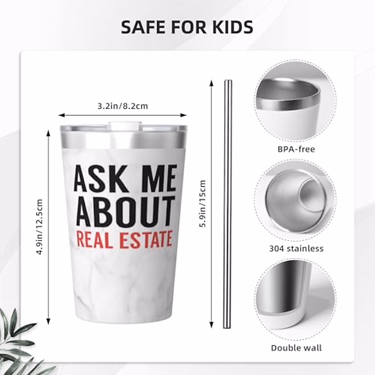 Ask Me About Real Estate Gifts for Women Men Insulated Coffee Mug 12oz Iced Coffee Tumbler Cup with Flip Lid Double Wall Vacuum Leak-Proof Thermos Mug for Travel Office School Party Camping-II