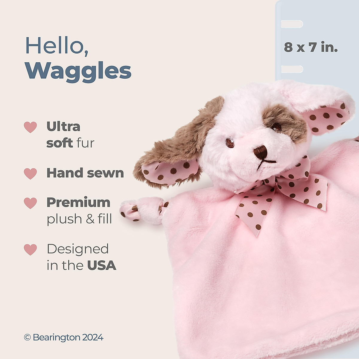 Bearington Baby Wee Wiggles, 8 x 7 Inch Small Pink Puppy Stuffed Animal, Baby Security Blankets for Girls, Dog Lovey