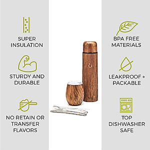 BALIBETOV Complete Yerba Mate Set - Modern Mate Gourd, Thermos, Bombilla and Cleaning Brush Included - All Premium Quality 304 18/8 Stainless Steel (Wood)