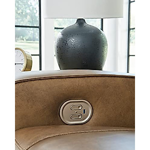 Signature Design by Ashley Game Plan Contemporary Tufted Leather Power Reclining Loveseat with Console and Adjustable Headrest, Light Brown