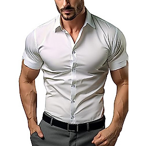 ATFORNA Dress Shirts for Men Cotton Slim Fit Stretch Button Down Shirts Business Causal Blouses White