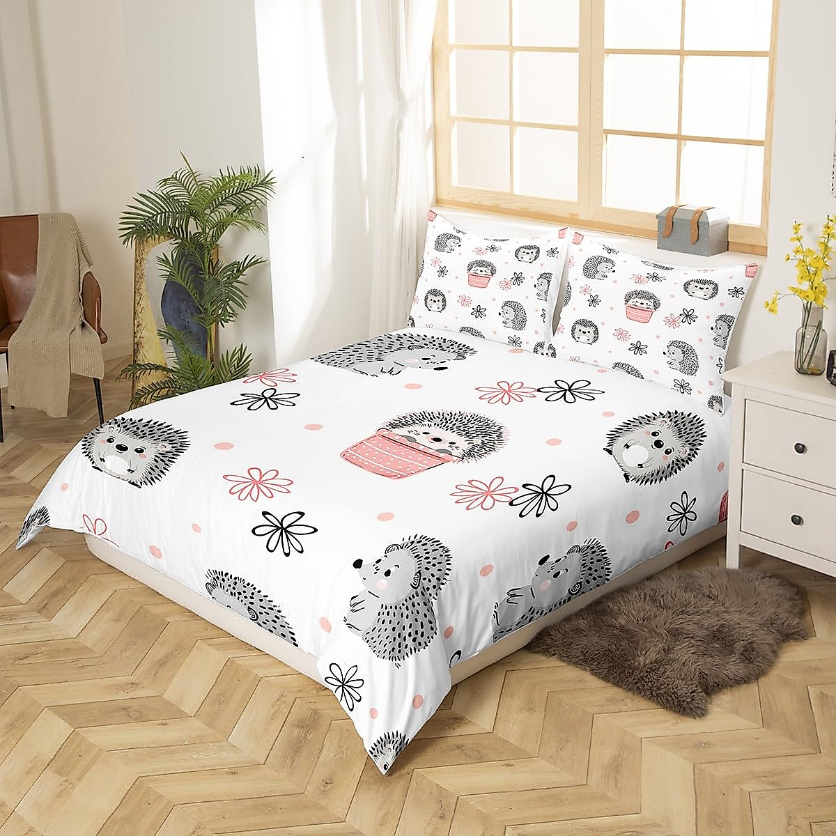 Feelyou Hedgehog Duvet Cover Kids Cute Hedgehog Bedding Set for Girls Teens Ultra Soft Kawaii Wild Animal Comforter Cover Set Polka Dots Bedspread Cover Room Decor Queen Size Bedclothes Zipper