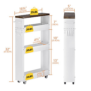 CHLORYARD Slim Storage Cart, 4-Tier Kitchen Rolling Cart Narrow Storage Cabinet with Handle & Wood Top, Metal Rolling Shelf Unit for Kitchen Bathroom Laundry Small Places(5 in Width/White & Brown)