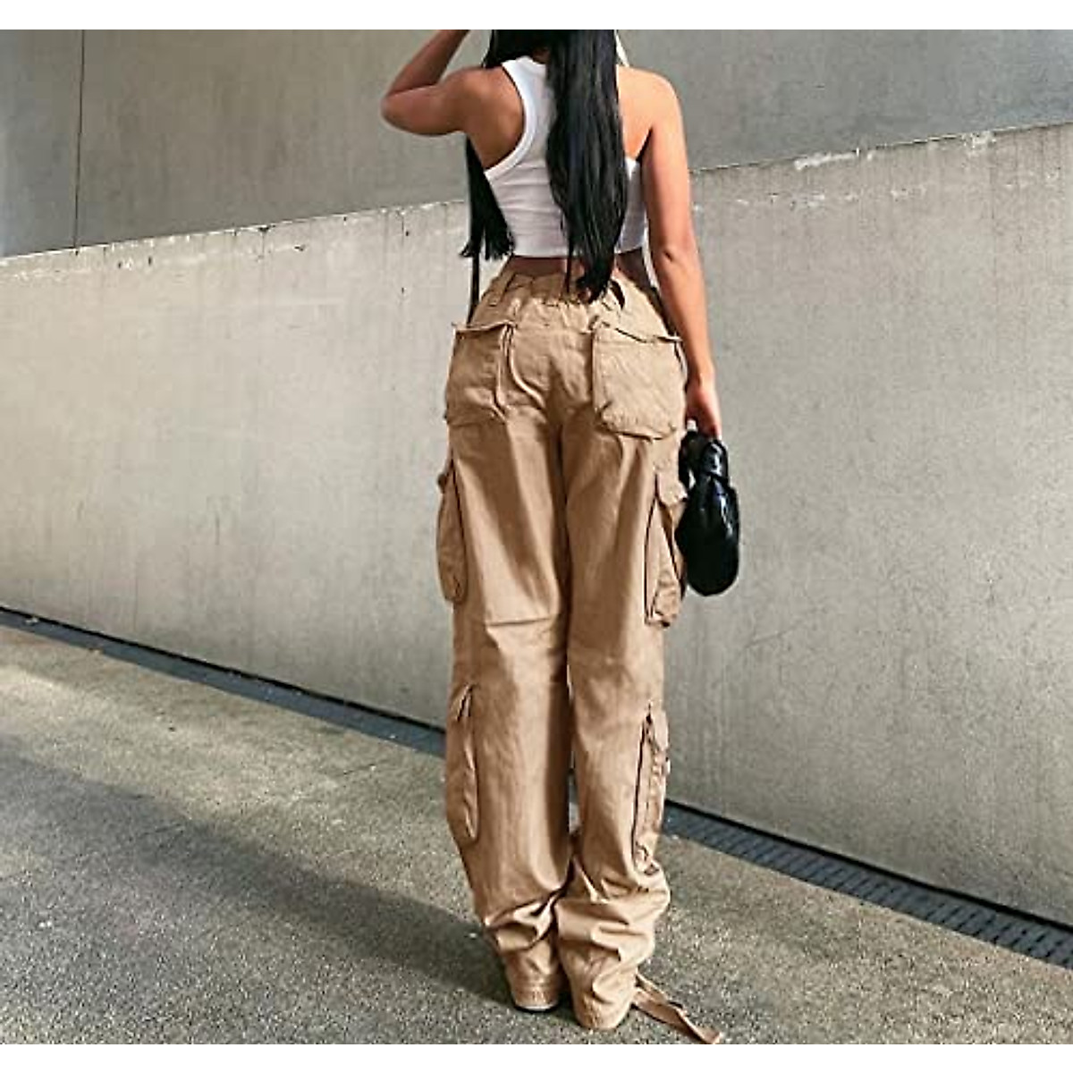 Women's Y2K High Rise Baggy Straight Leg Cargo Pants Streetwear Casual Boyfriend Trousers with Pockets Khaki