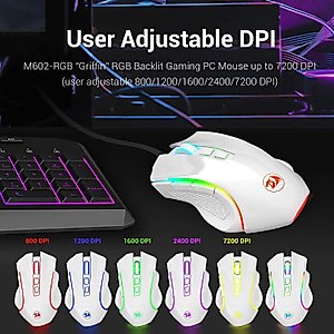 Redragon M602 RGB Wired Gaming Mouse RGB Spectrum Backlit Ergonomic Mouse Griffin Programmable with 8 Backlight Modes, Up to 7200 DPI for Windows PC Gamers (White)