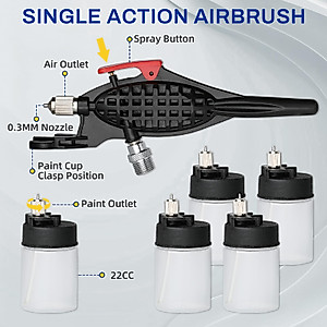 OPHIR 0.3mm Airbrush Kit, Siphon Feed Airbrush Gun with 5X 22CC Airbrush Bottles, M5 Female & 1/8 Male Connector for Model, Craft, Shoes, Temporary Tattoo Airbrushing, Easily Change Airbrush Paints