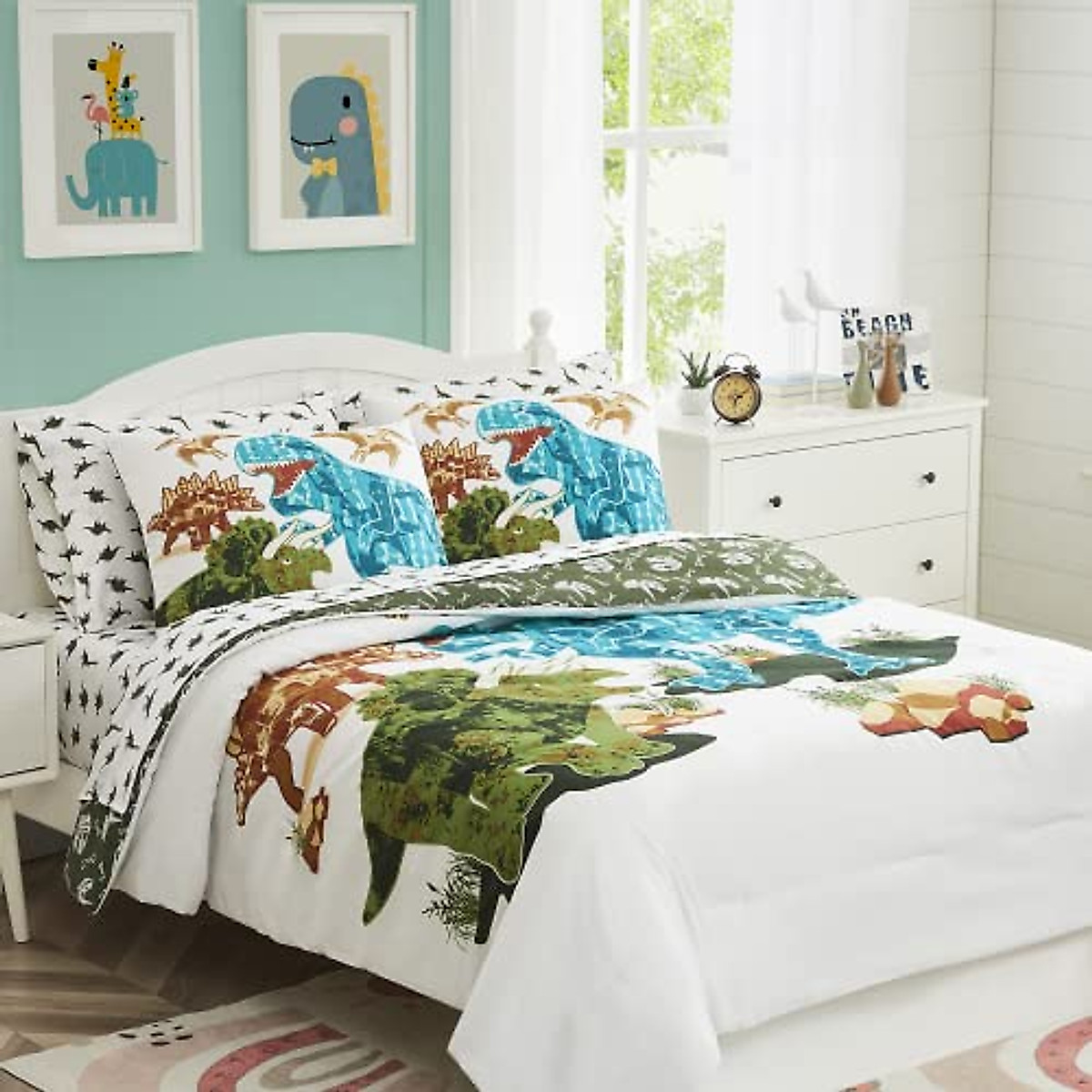 Kaleido Space KALEIDOSPACE Gilrs Boys Bedding Sets Twin, 5 Piece Glow in The Dark Dinosaur Bed in A Bag-1 Comforter,1 Pillow Sham, 1 Pillowcase, 1 Flat Sheet, 1 Fitted Sheet