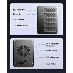 ORICO 5 Bay Raid Hard Drive Enclosure Aluminum USB 3.0 to SATA Hard Drive Tray Less Docking Station Max Up to 100TB Support RAID 0/1/3/5/10/JBOD Single Mode, Designed with Safety Lock-9558RU3